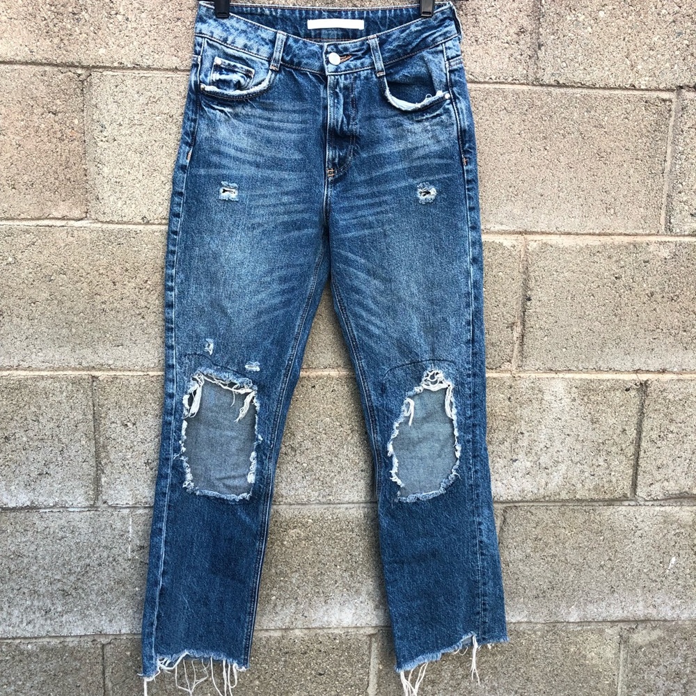 Zara Trflc Denimwear Destroyed Raw Cut Jeans Sz2 - Gem